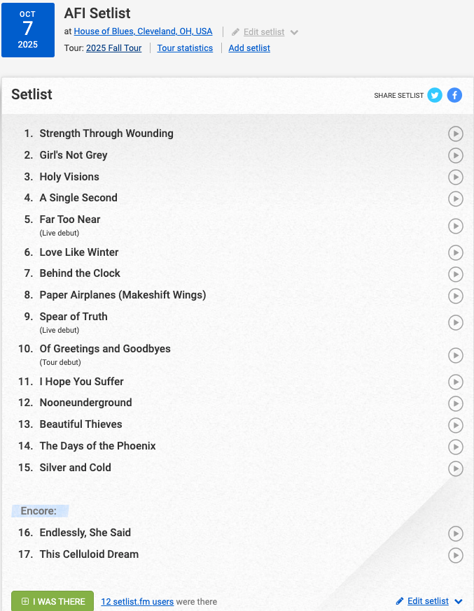 AFI Serves Up Live Debuts & More on Fall 2025 Tour | setlist.fm